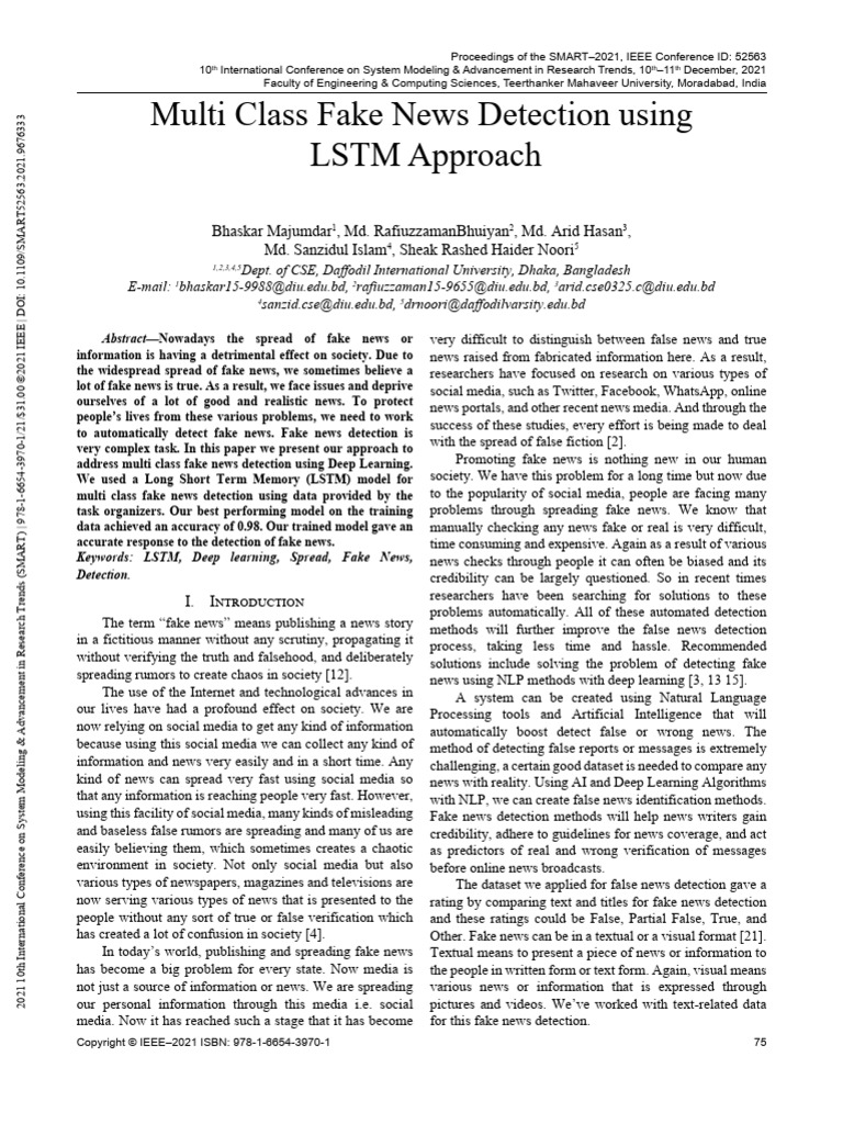 Multi Class Fake News Detection Using LSTM Approach | PDF | Deep Learning | Machine Learning