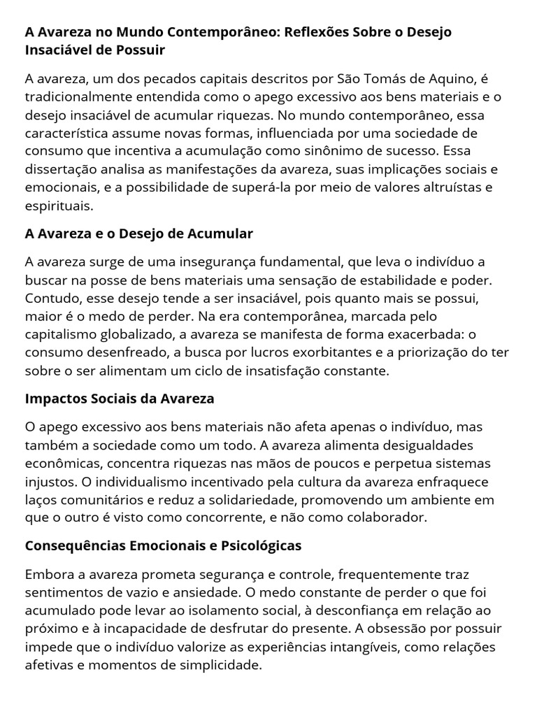 Avareza: Impactos e Superação na Sociedade | PDF | Sociedade | Riqueza