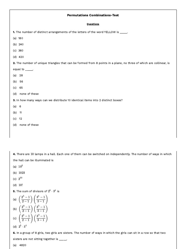 Permutations Combinations-Test: Questions | PDF | Numbers | Elementary ...