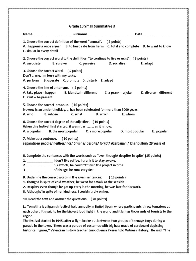Grade 10 Summative Assessment Guide | PDF