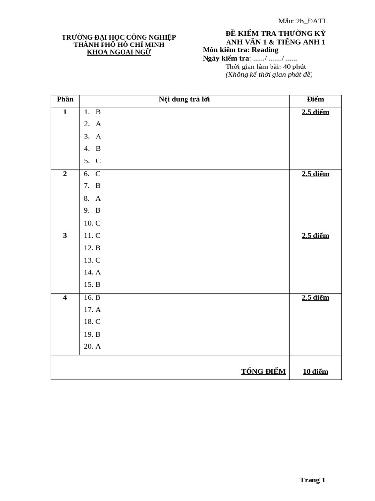 English 1 - Sample Reading Test - Answer Key | PDF
