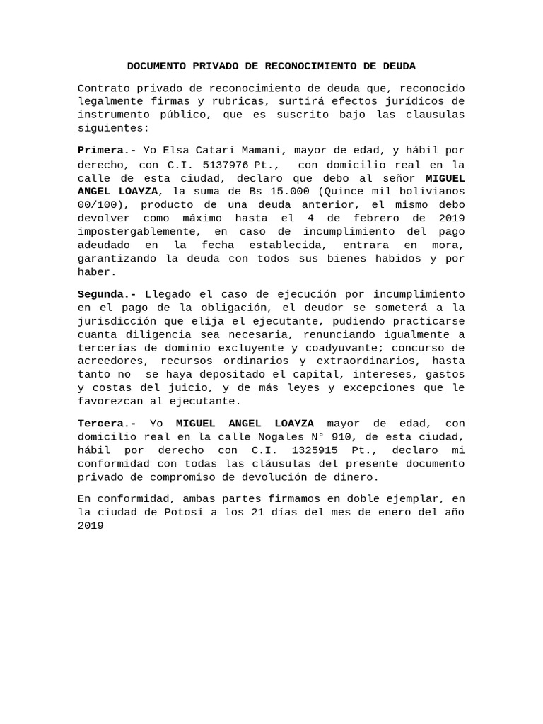 DOCUMENTO PRIVADO DE RECONOCIMIENTO DE DEUDA | PDF