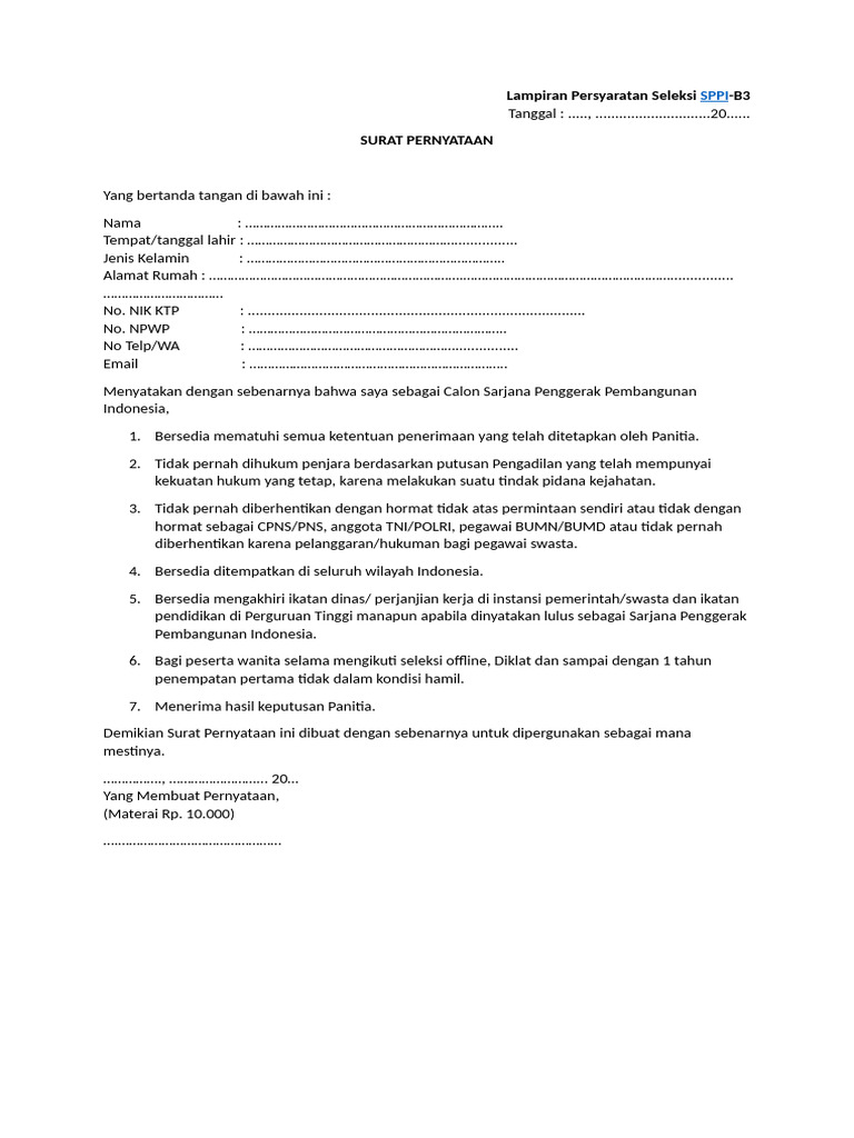 Lampiran Persyaratan Seleksi SPPI Raihan | PDF