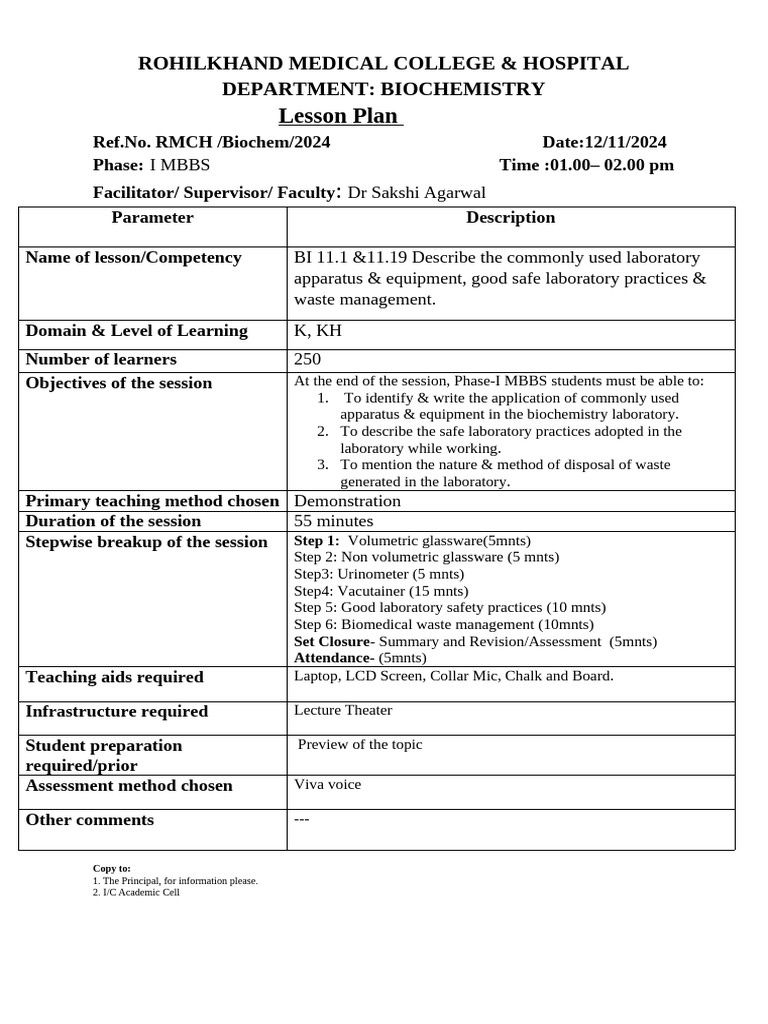 Biochemistry Lab Lesson Plan for MBBS | PDF | Laboratories | Cognition