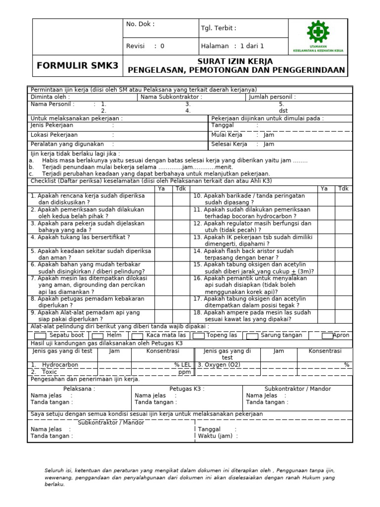 Contoh, Izin Kerja PENGELASAN | PDF