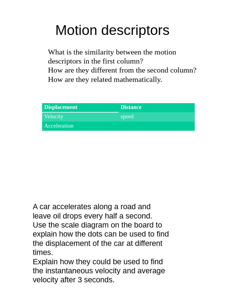1 Motion Descriptors And Graphs Pdf Velocity Acceleration