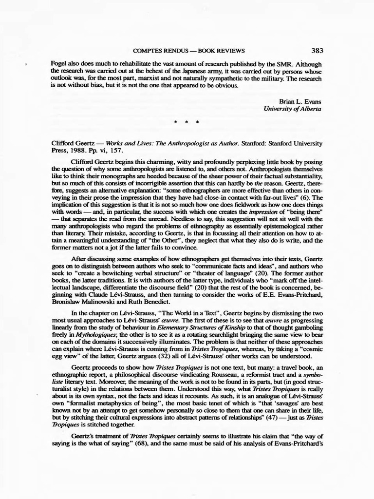 Clifford Geertz Works and Lives The Anth | PDF | Ethnography | Anthropology