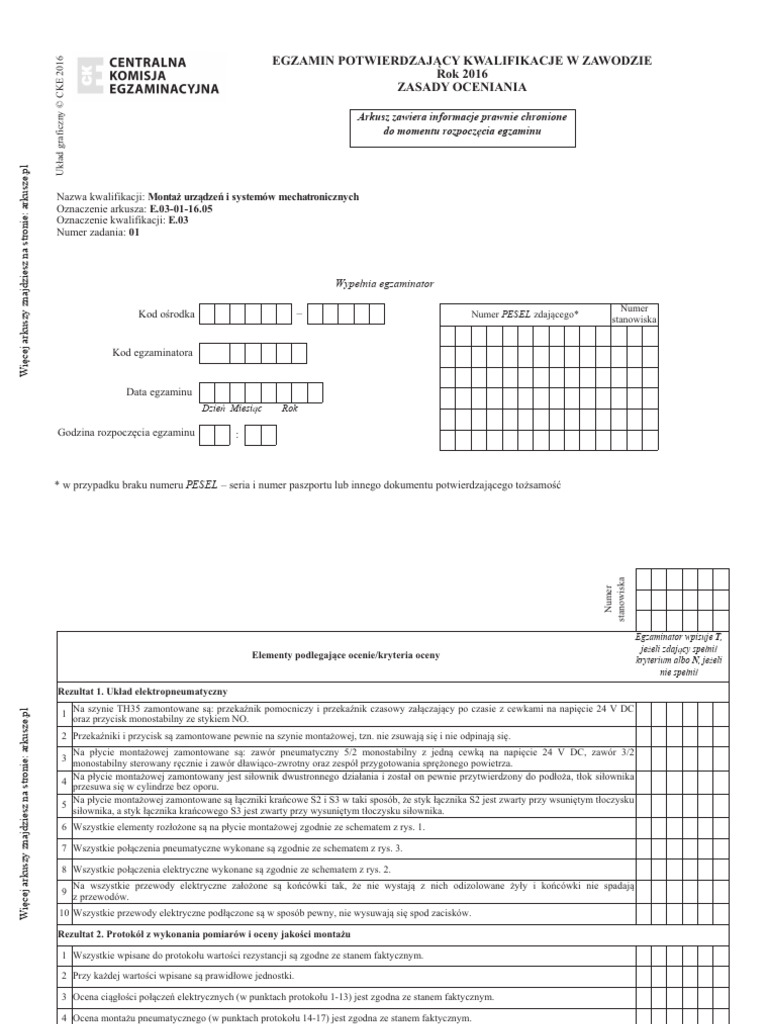 E03 2016 Czerwiec Egzamin Zawodowy Praktyczny Zasady Oceniania | PDF