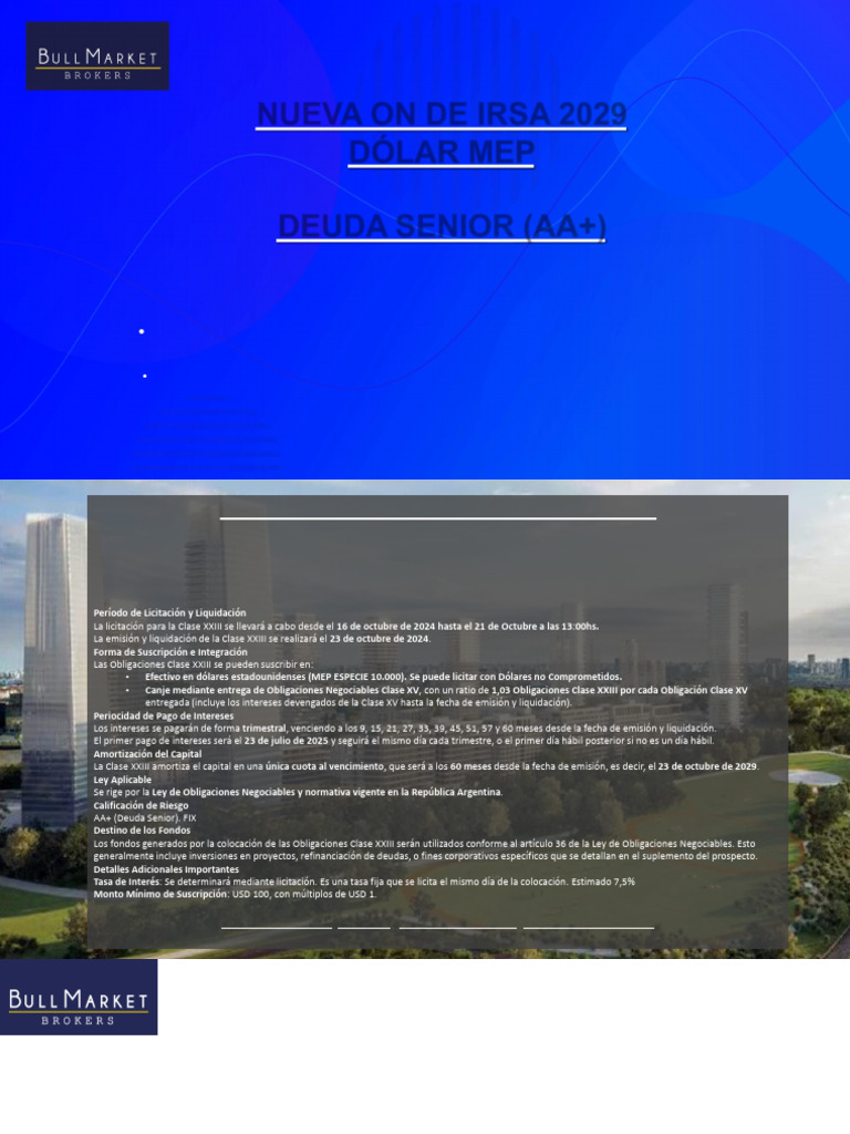 Suscripcion Primaria de Irsa 2029 - Dolar Mep - Deuda Senior - Perfil Conservador | PDF ...