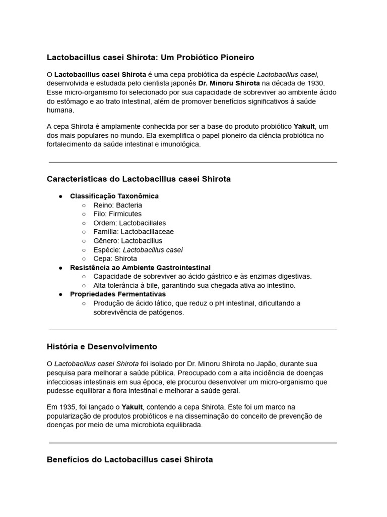 Benefícios do Lactobacillus casei Shirota | PDF | Sistema imunológico ...