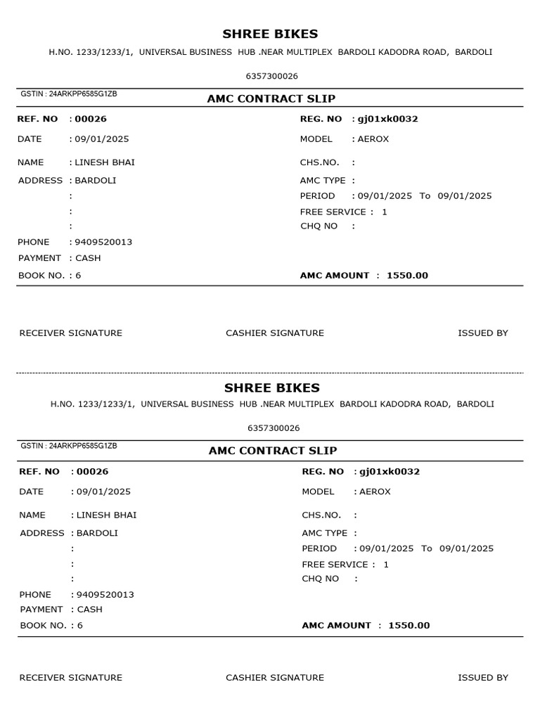 Shree Bikes AMC Contract Slip | PDF
