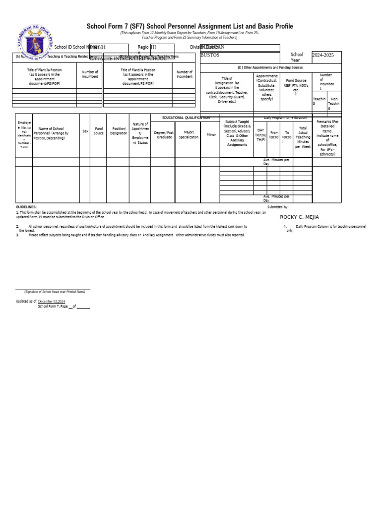 SF 7 School Personnel Assignment List and Basic Profile | PDF