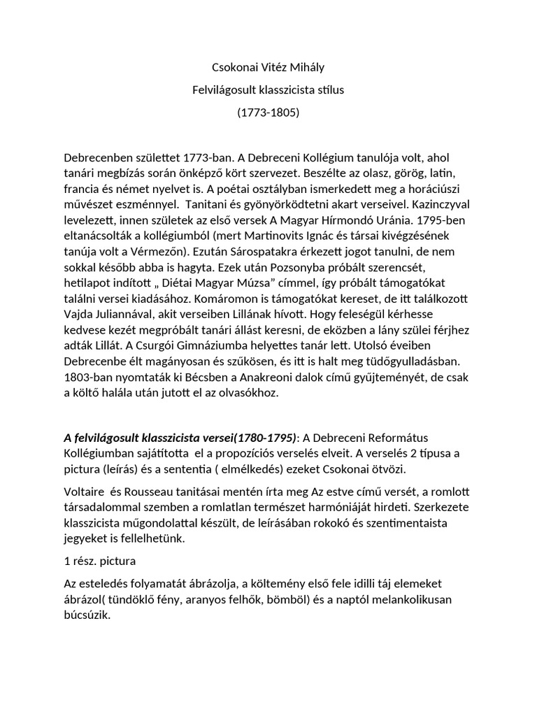 Csokonai Vitéz Mihály Klasszicista Versei | PDF