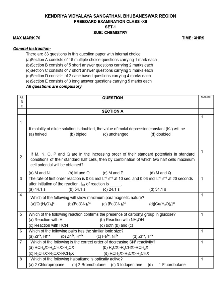 QP XII Chemistry Set 1 | PDF | Coordination Complex | Chemistry