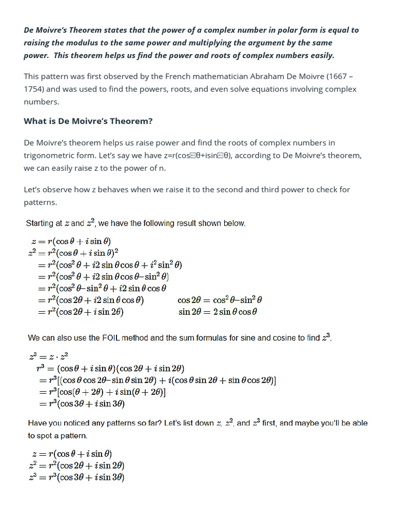 Understanding De Moivre's Theorem | PDF