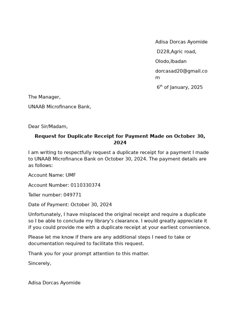 Request for Duplicate Payment Receipt | PDF