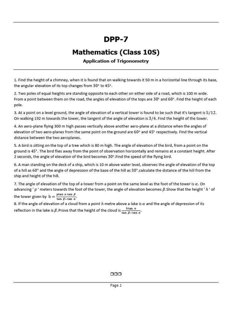 10S Math - DPP-7 - Application of Trigonometry | PDF | Angle | Trigonometric Functions