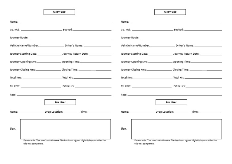Vehicle Journey Duty Slip Template | PDF