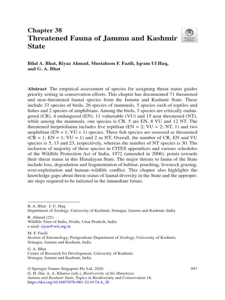 Threatened Fauna - Biodiversity of The Himalaya Jammu and Kashmir State ...