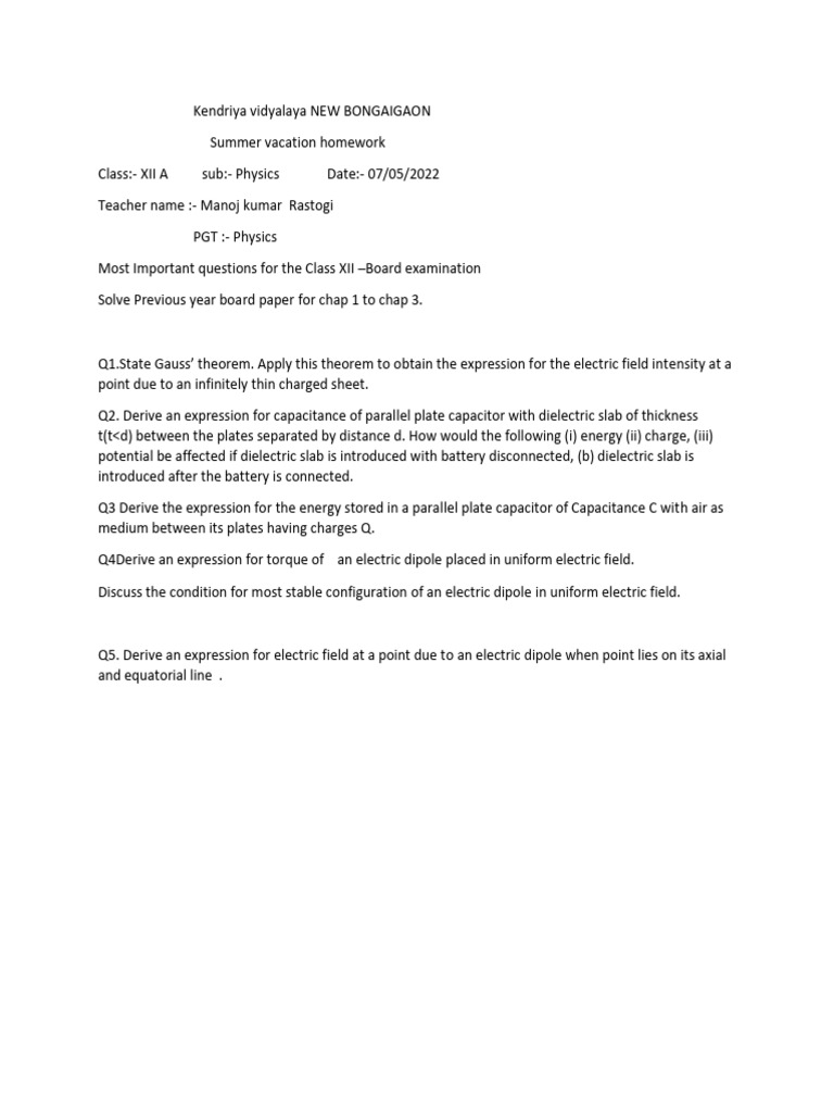 Summer Vacation Homework-12 | PDF