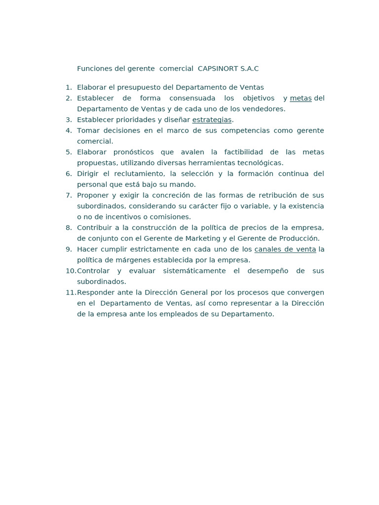 Funciones del gerente comercial CAPSINORT S | PDF | Calidad (comercial ...