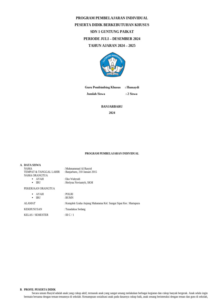 Program Pembelajaran Individual SDN 1 Guntung | PDF