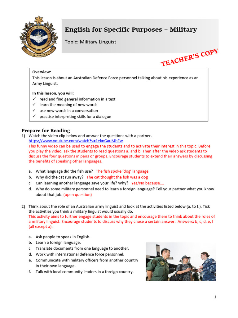 MilEng - Lesson - Reading - Military Linguist - Teachers | PDF ...