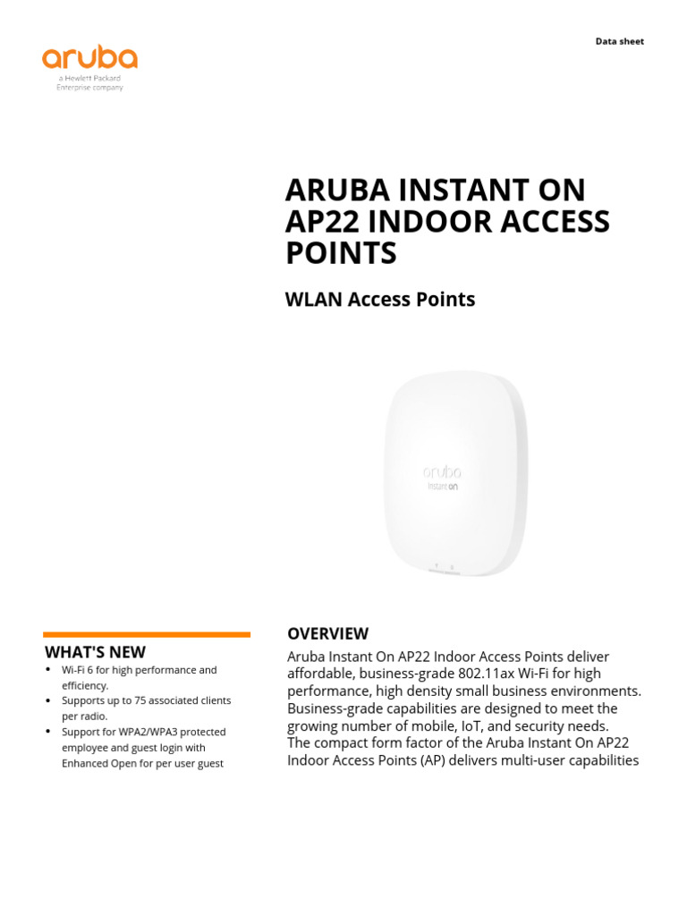 ARUBA Instant On AP22 Datasheet-1 | PDF | Wi Fi | Wireless Access Point
