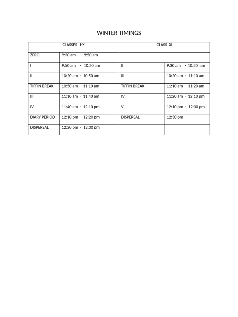 Winter Class Timings Schedule | PDF
