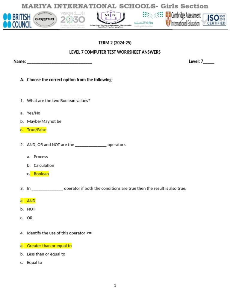 Level 7 Worksheet Answers | PDF | Boolean Data Type | Computing