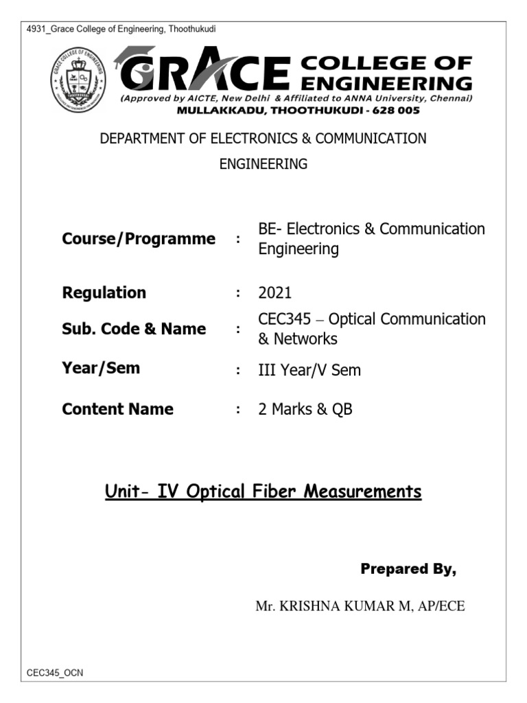 V Ece Cec345 Ocn 2m, QB Unit4 | PDF | Optical Fiber | Fiber Optic Communication