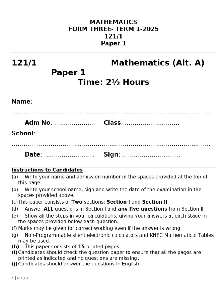Form Three Mathematics Exam Paper 2025 | PDF | Line (Geometry) | Triangle
