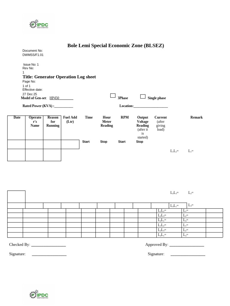 Generator Operation Log Sheet 2024 | PDF | Electrical Engineering | Electricity
