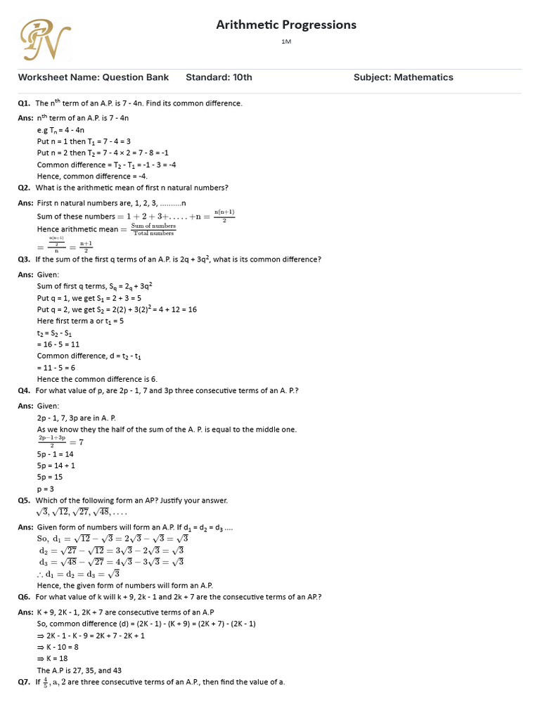1M - Arithmetic Progression | PDF | Arithmetic | Mathematics
