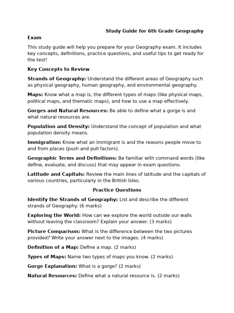 Study Guide For 6th Grade Geography Exam 3 | PDF | Geography | Liberal ...