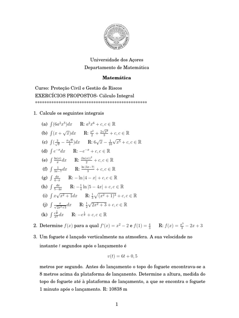 Exercicios Propostos Calculo Integral | PDF