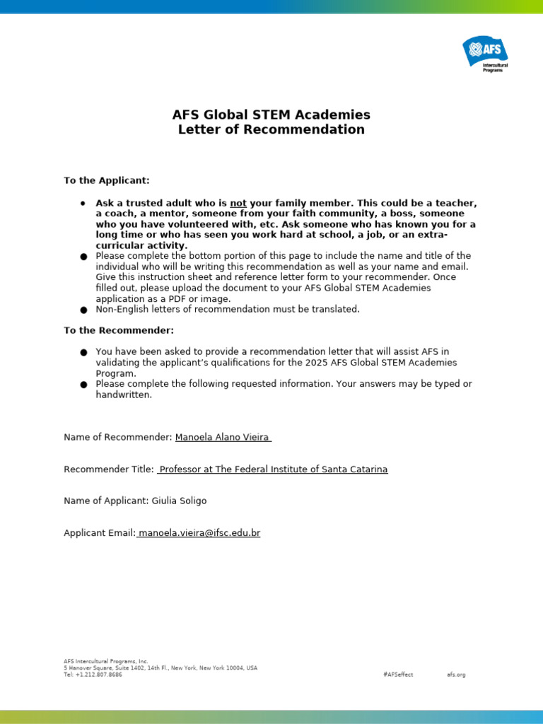 2025 Recommendation Letter Template - AFS Global STEM Academies | PDF ...