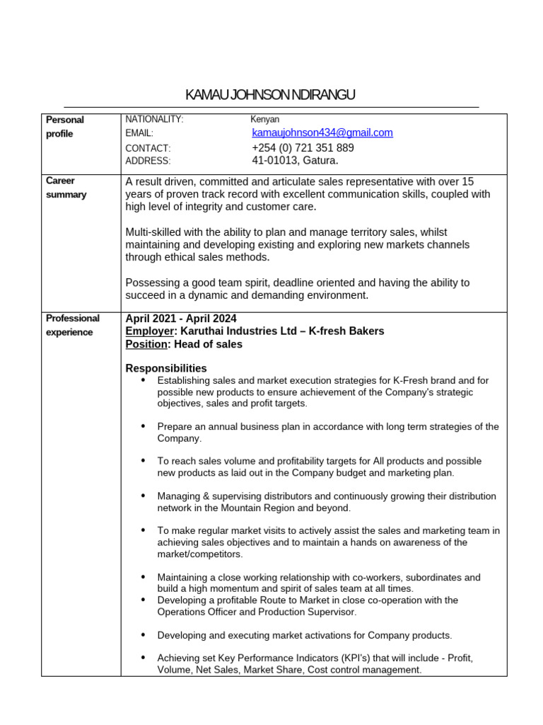 CURRICULUM - VITAE - 2020 - JOHNSON - KAMAU Edit 1-1 | PDF | Sales | Brand