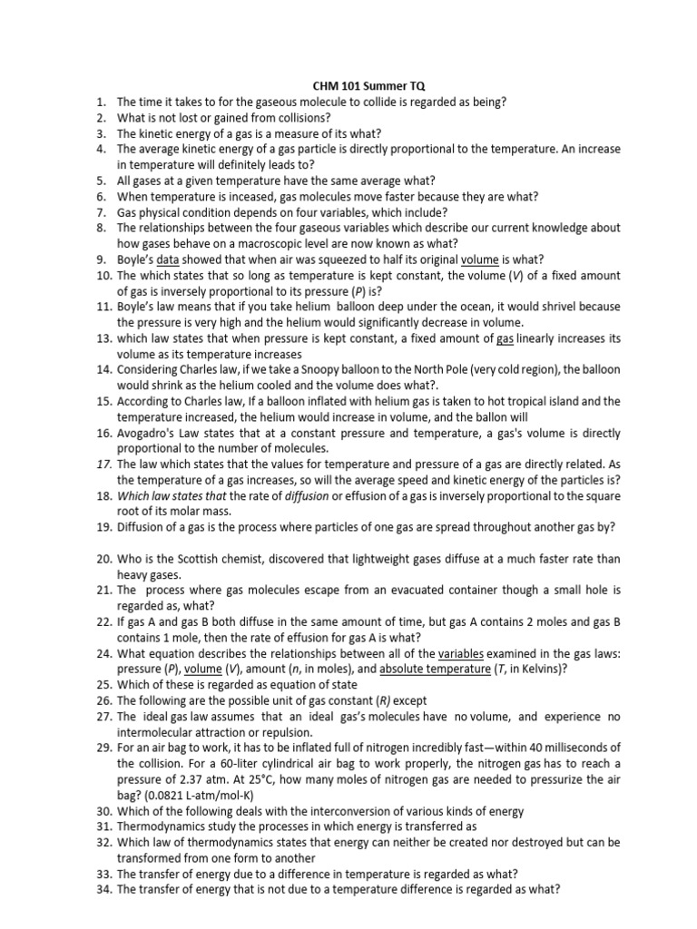 Chm 101 Summer Tq | PDF | Gases | Heat