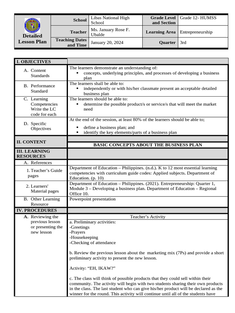ENTREP DLP-Q3-W3 - Lesson 1 | PDF | Marketing | Cognition