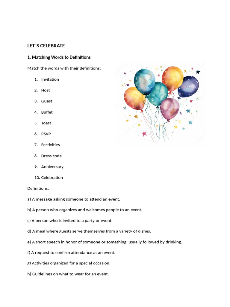 Vocabulary for Celebrations | PDF