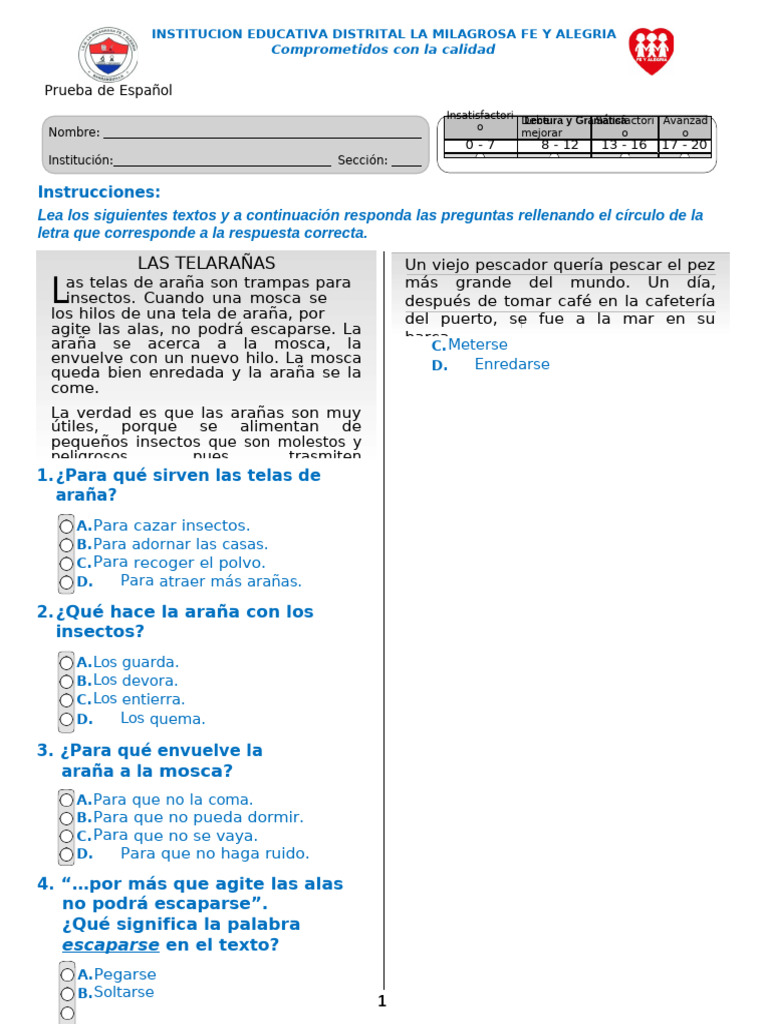 Prueba Diagnóstica de Español 3º grado | PDF | Araña