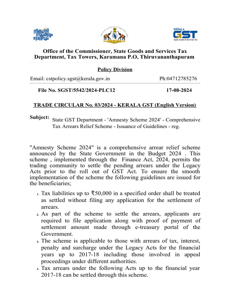TRADE CIRCULAR No. 03 2024 - KERALA GST | PDF | Taxes | Taxation