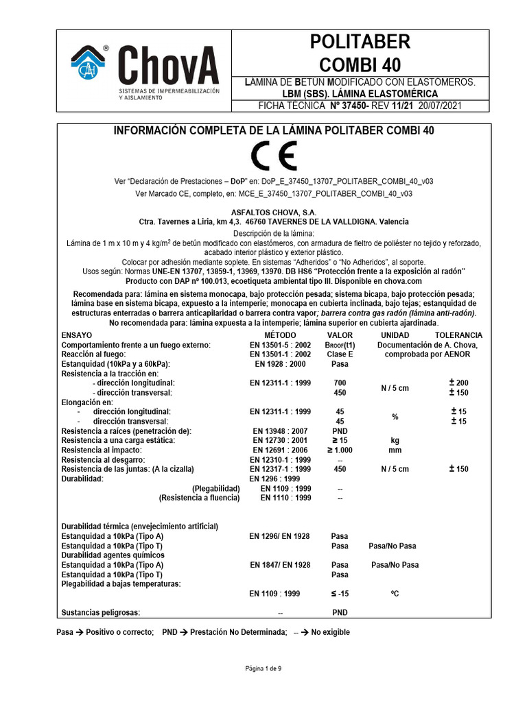 Lámina POLITABER COMBI 40: Ficha Técnica | PDF | Techo | Hormigón
