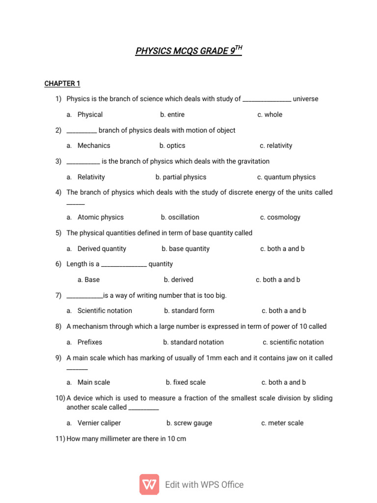 PHYSICS MCQS GRADE 9TH | PDF | Force | Acceleration
