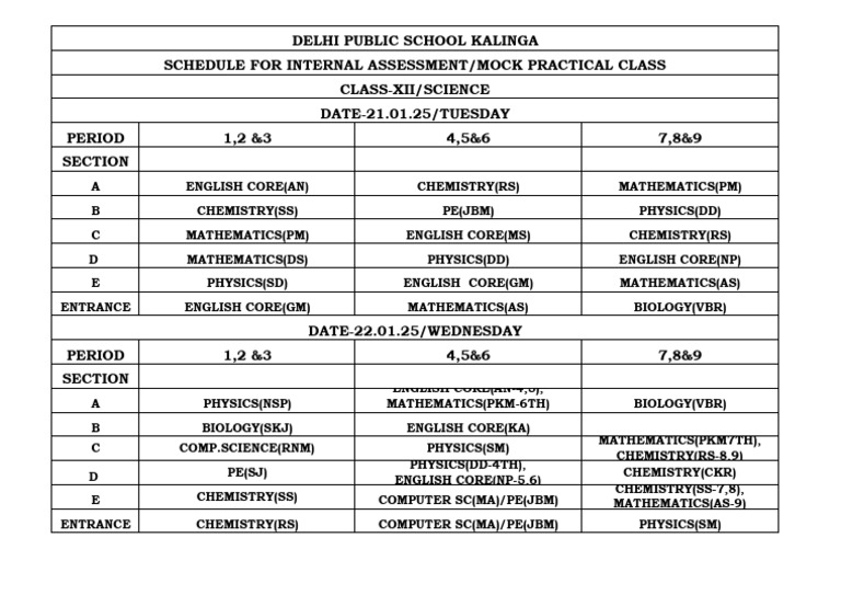 Xii-Sci-Mock Practical-Internal Assessment Schedule-Xii-Sci | PDF