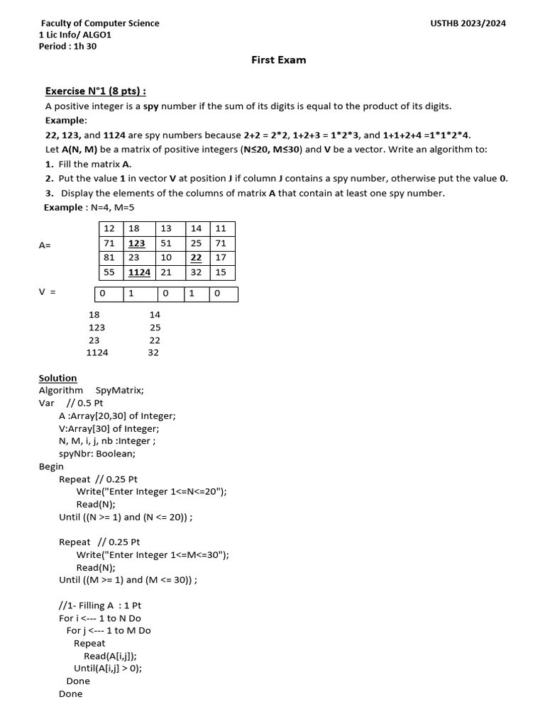 Solution_First_Algo_Exam_S1_2023_2024 (1) | PDF | Matrix (Mathematics ...