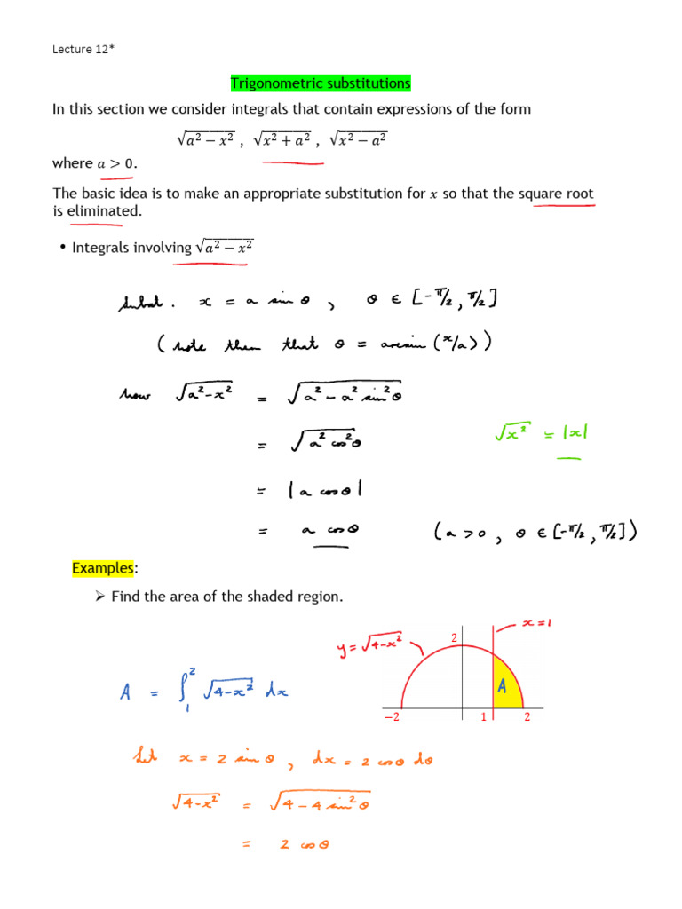 Trigonometric Substitutions in Integrals | PDF