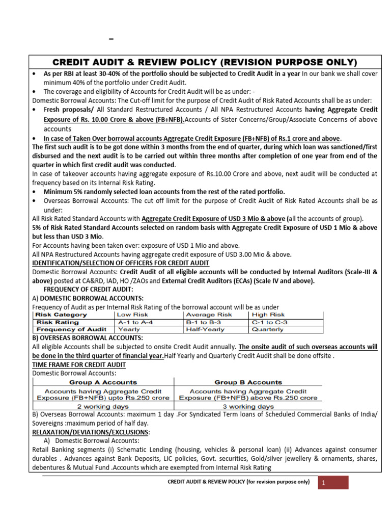 CREDIT AUDIT & REVIEW POLICY (for revision purpose only) | PDF | Banks ...