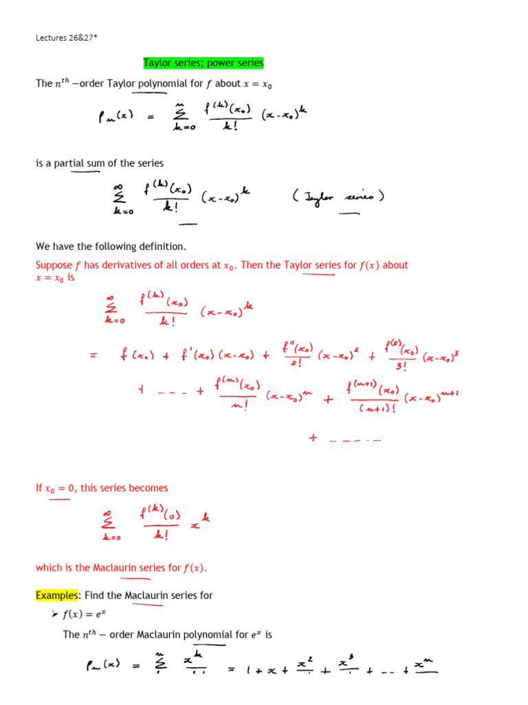 Taylor Series Power Series The Order Taylor Polynomial For About | PDF